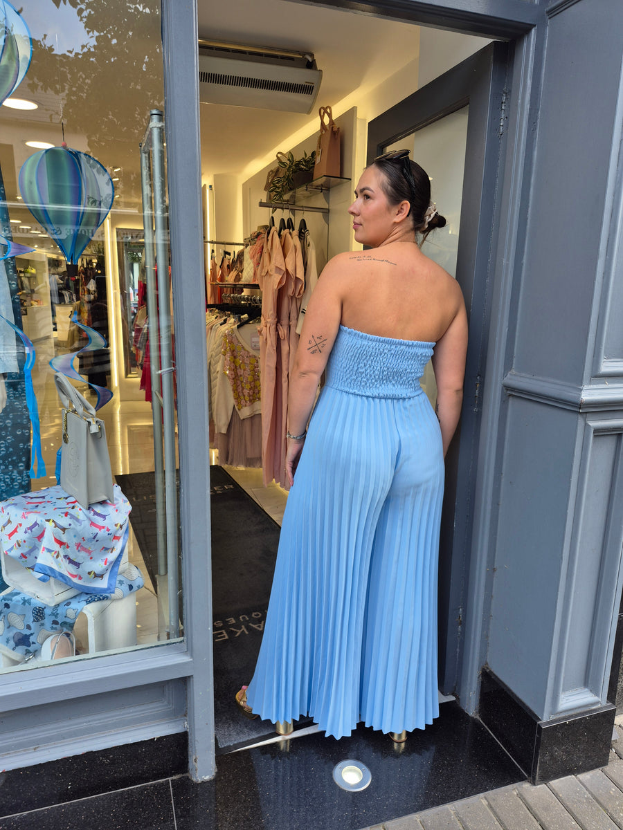 new collection plisse leg jumpsuit in sky blue – Lisa Baker Boutiques